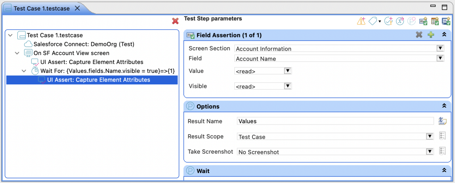 Provar Test Palette, Wait For Test Step | Provar Documentation
