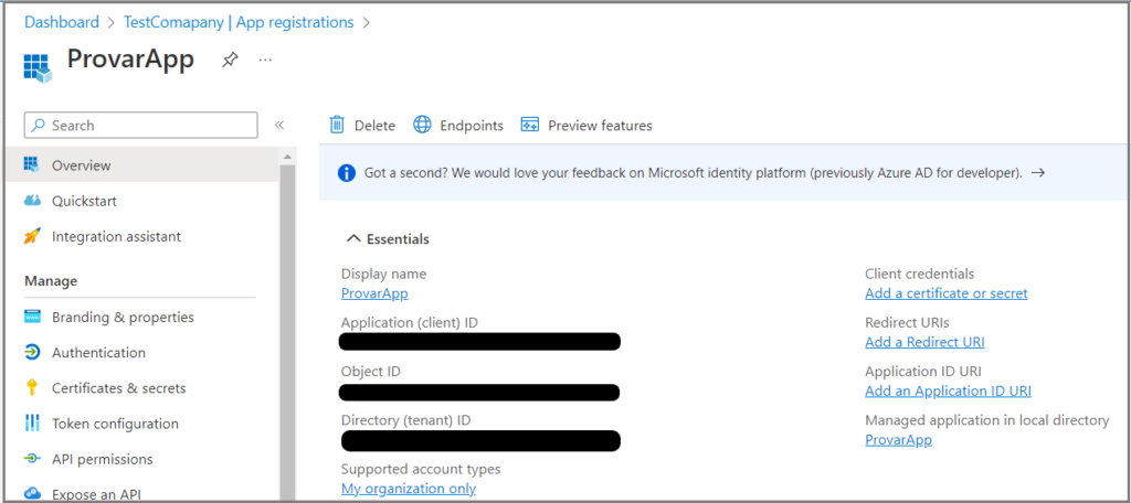 App Configuration for Microsoft Connection in MS Portal for OAuth 2.0 | Provar Documentation